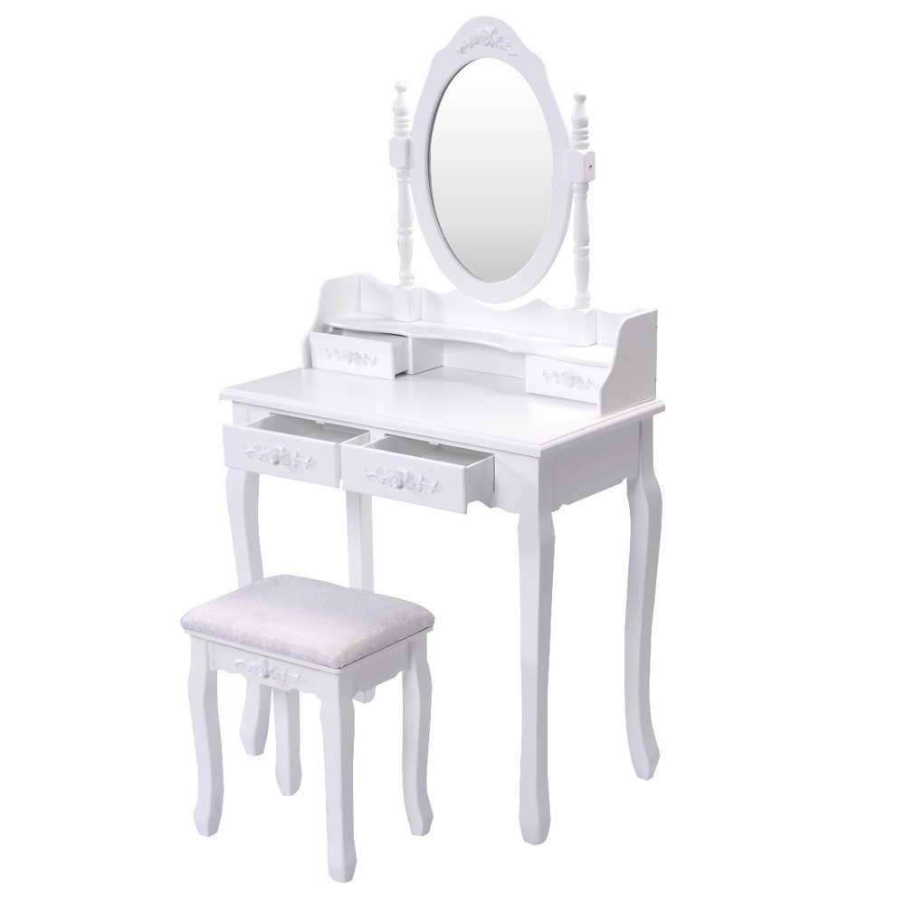 Topbuy Oval Mirror 4 Drawer Vanity Mirror Makeup Table w/ Cushioned ...