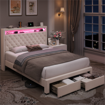 Homfa Full Size LED Bed Frame with USB Ports, Modern Storage Platform ...
