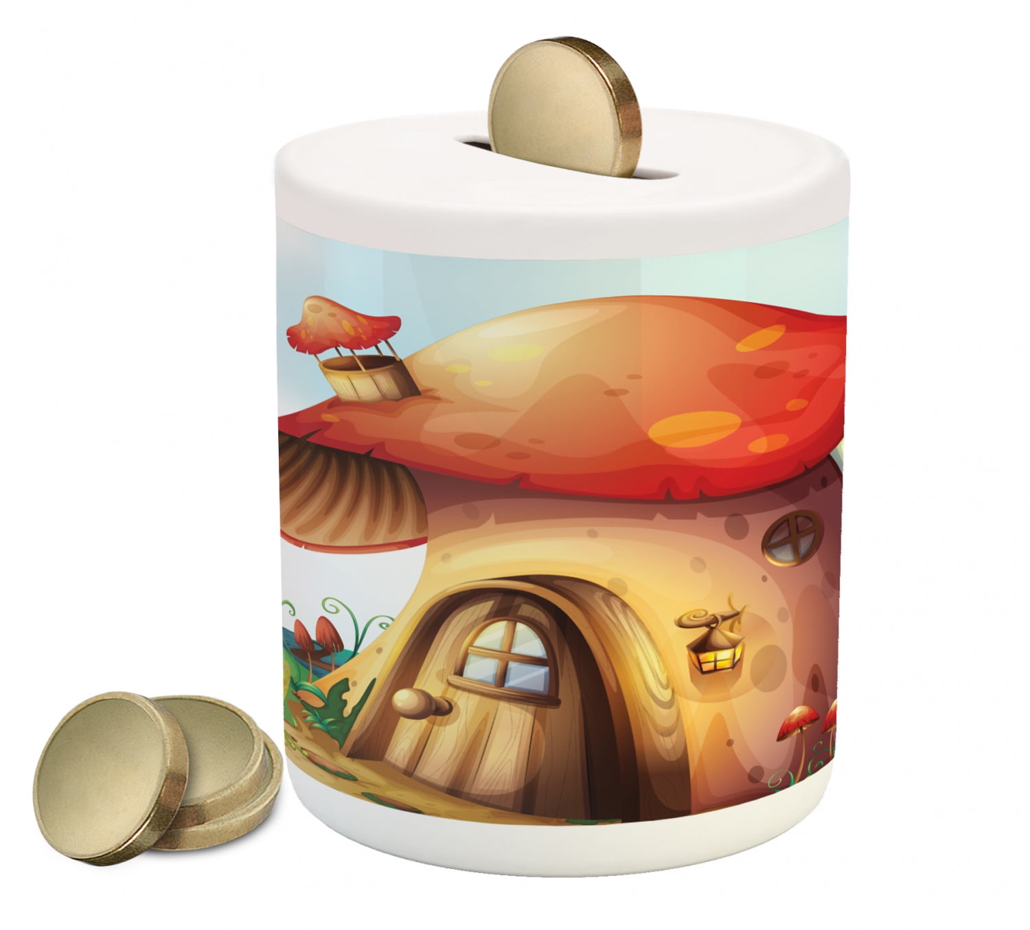 Frog Piggy Bank, Cartoon Illustration of Funny Animal near a Mushroom ...