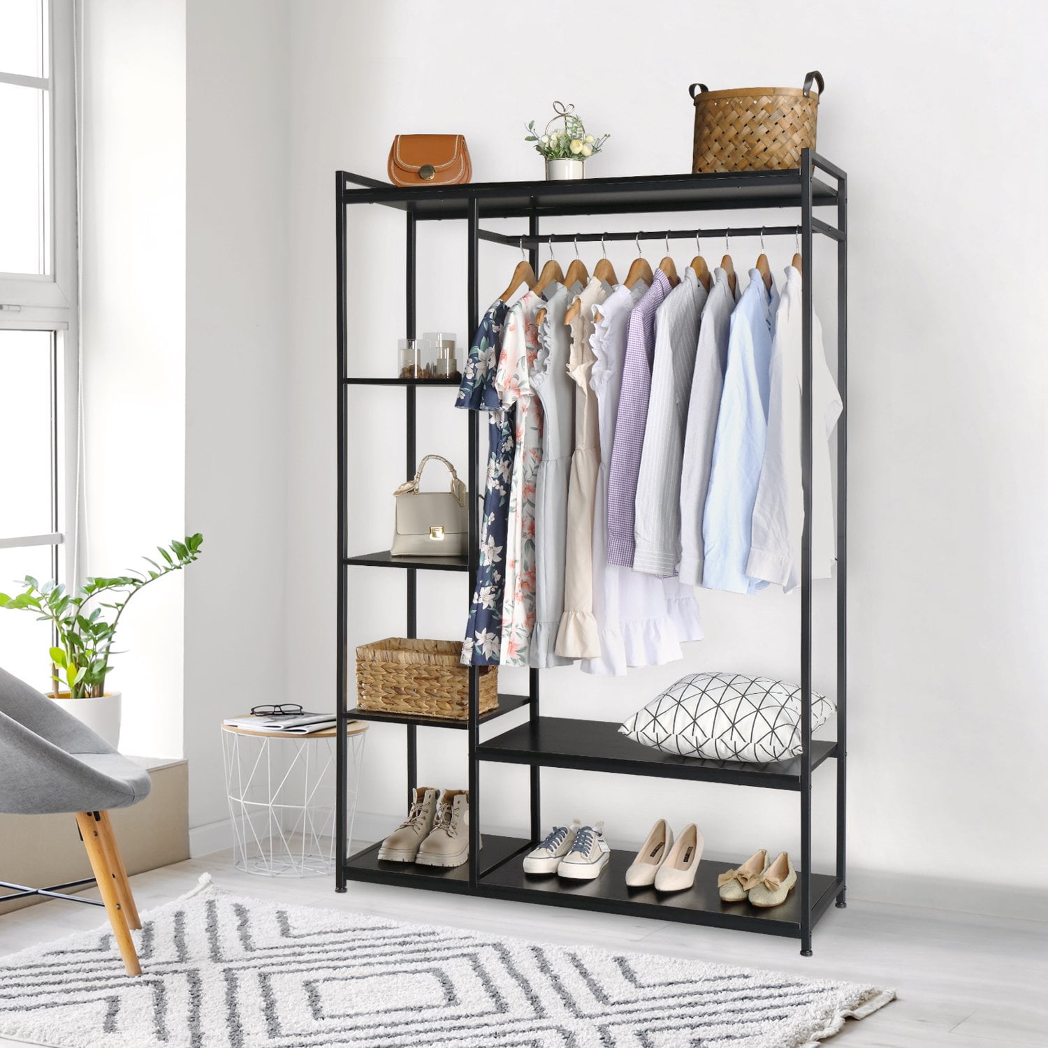 IVV Simple Wardrobe Organizer with Clothing Hanger Rod, Side Storage ...