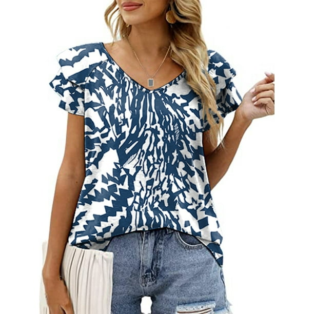 Mengpipi Womens Tops 2023 Summer Double Ruffle Short Sleeve V-Neck ... Mengpipi Womens Tops 2023 Summer Double Ruffle Short Sleeve V-Neck ...