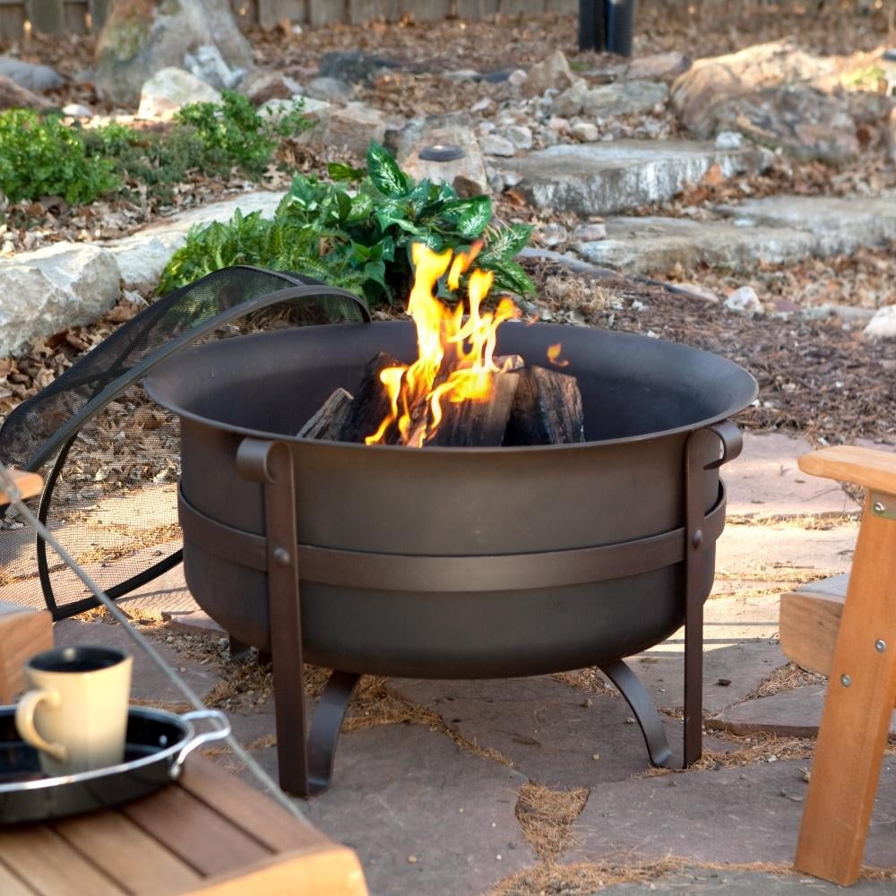Heavy Duty 34-inch Fire Pit Deep Steel Cauldron with Screen Stand and ...