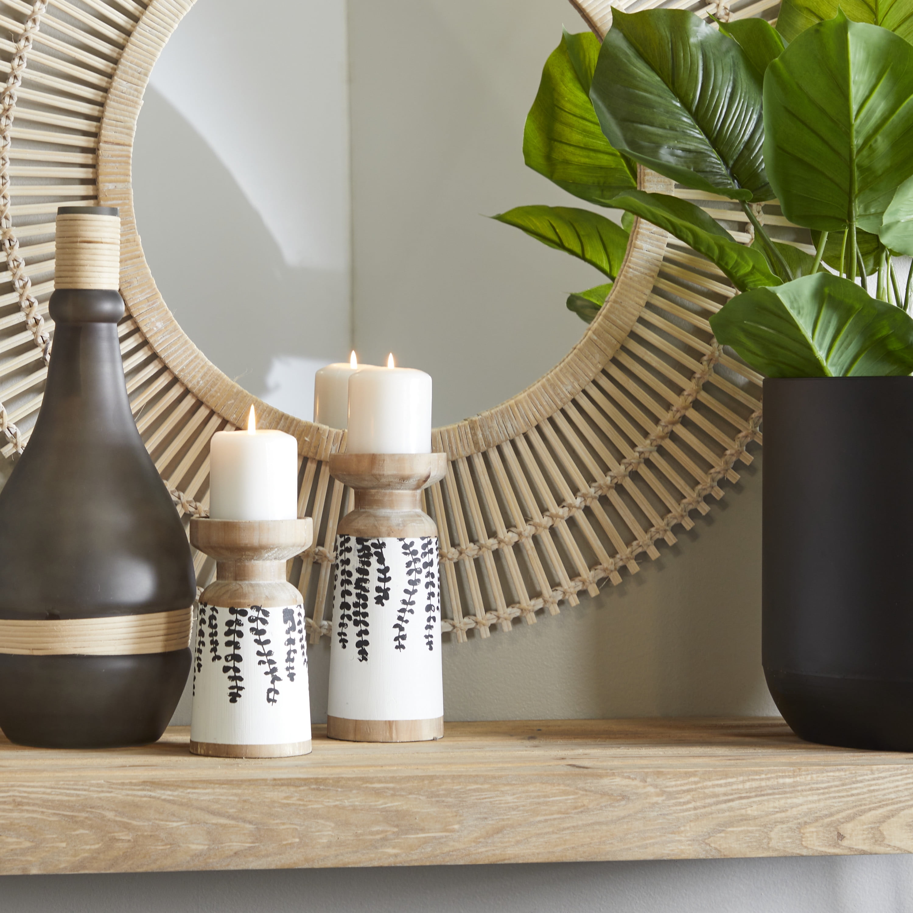 DecMode 2 Candle Brown Wood Leaf Drooping Vine Pillar Candle Holder ...