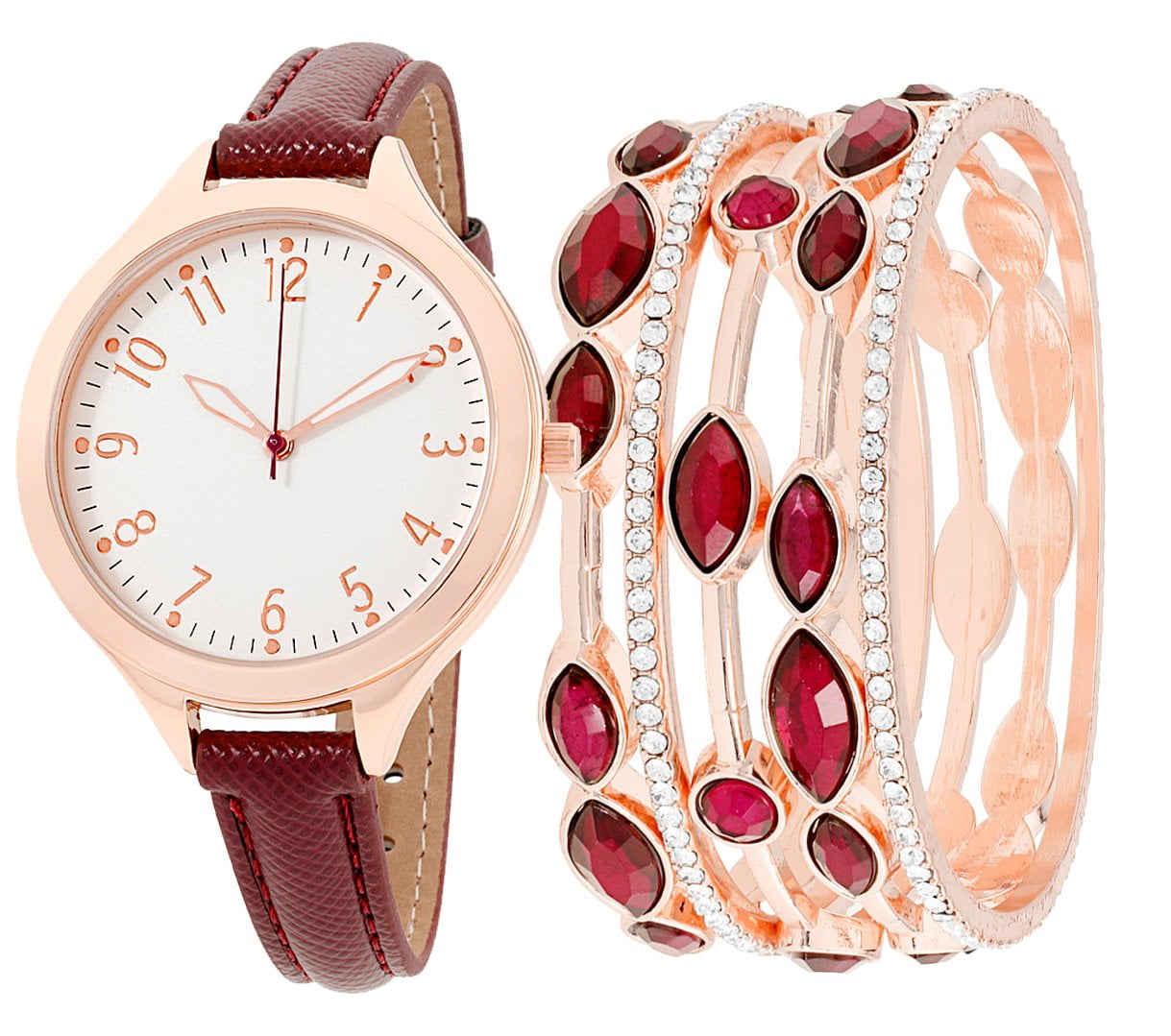 Ladies Watch and Bracelet Set Rose Gold Case, White Dial, Burgandy ...