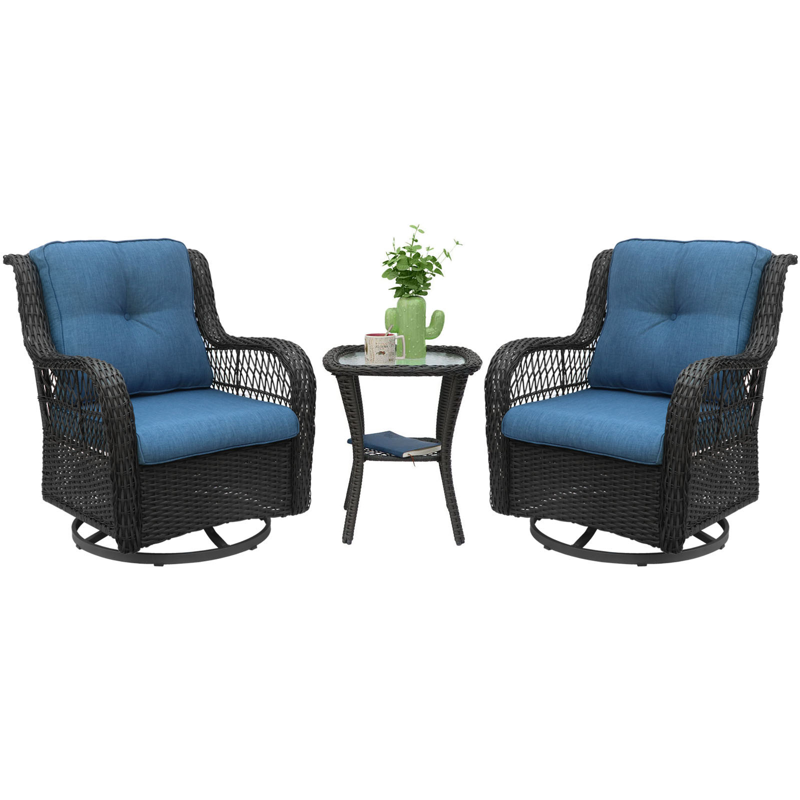 BIGTREE 3PCS Outdoor Patio Swivel Rocker Set 360° Rocking Chairs Wicker ...