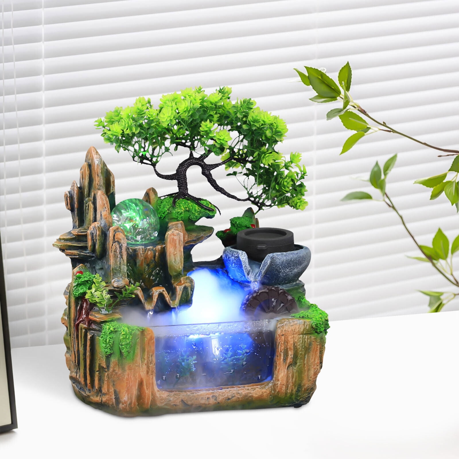 SHZICMY Water Fountain with LED Light Tabletop Resin Rockery Waterfall ...