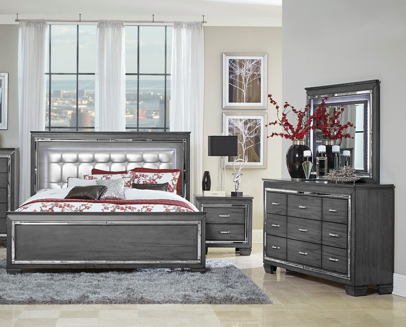 Modern 4pc Queen Size Upholstered LED Headboard Bed Dresser LED ...