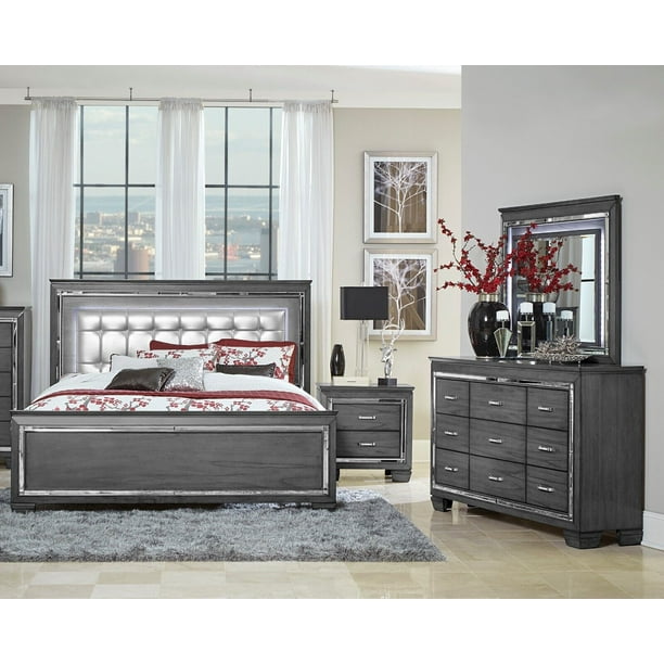 Modern 4pc Queen Size Upholstered LED Headboard Bed Dresser LED ...