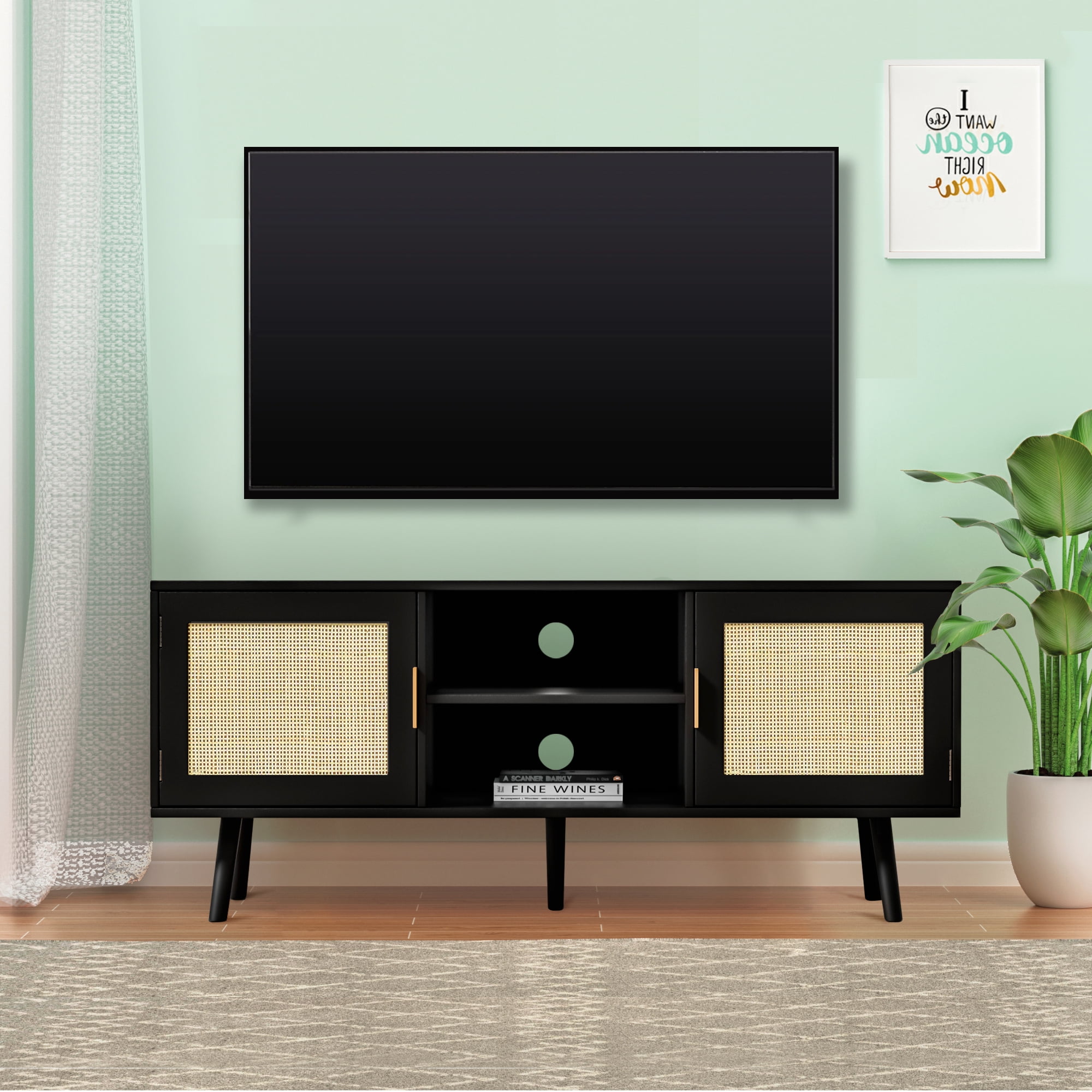 Eumyviv Black TV Stand for TV's up to 55", Mid-Century Media ...