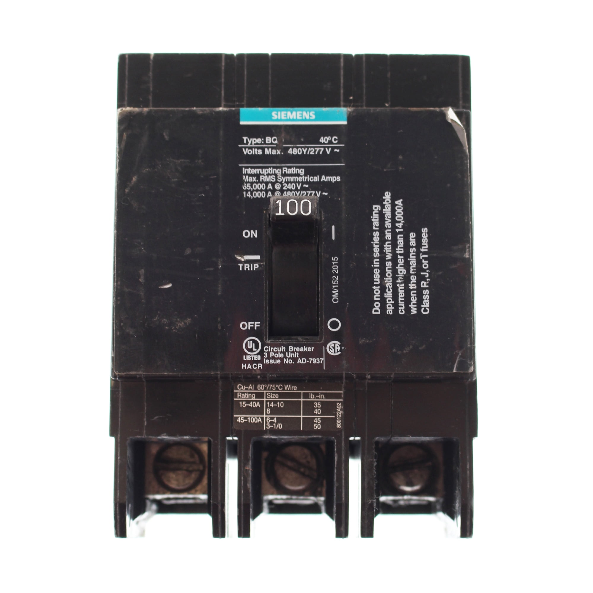 Siemens BQD3100BP Circuit Breaker, 480/277-Volt, 3-Pole, 100-Amp, Type ...