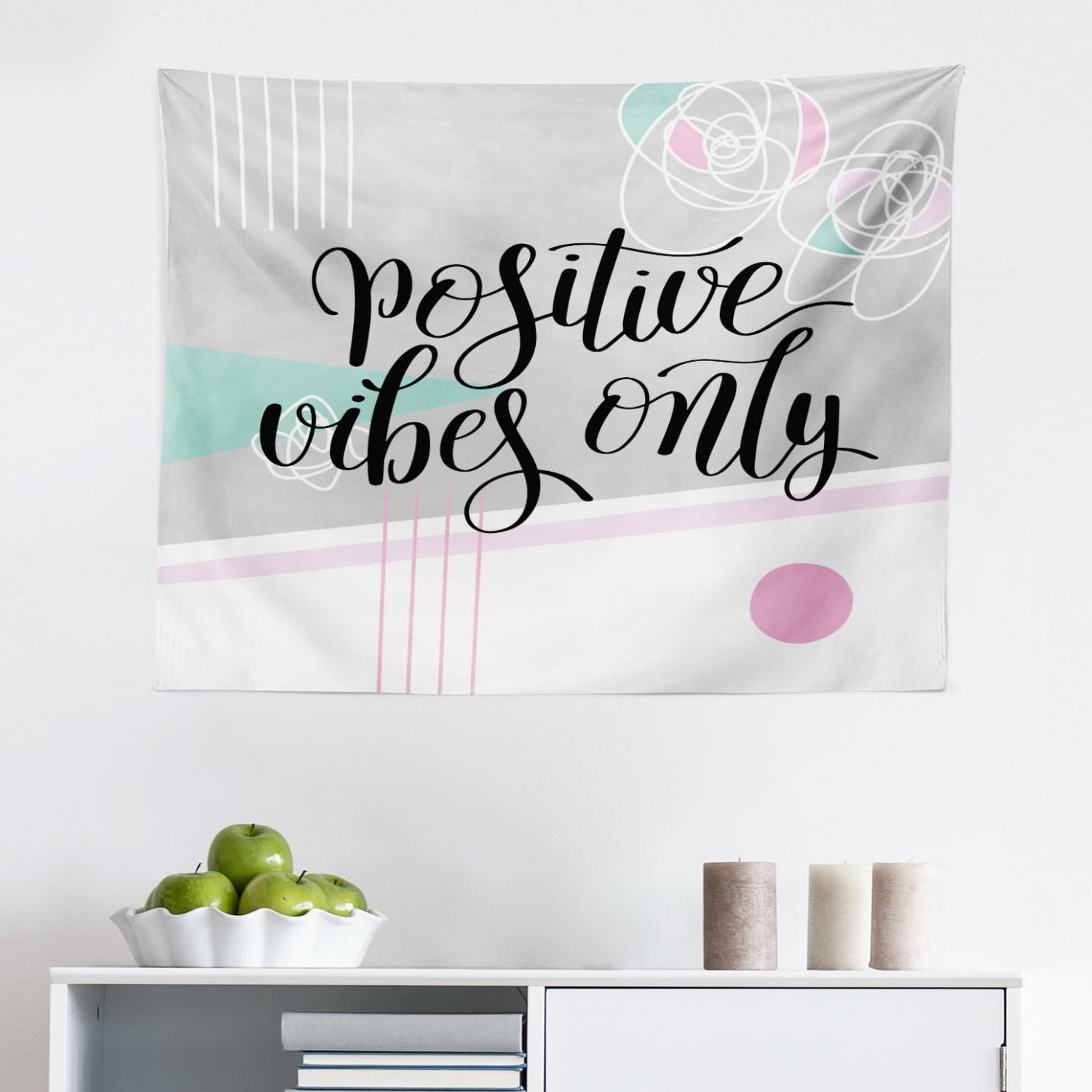 Positive Energy Tapestry, Cursive Lettering Words on Circular Pastel ...