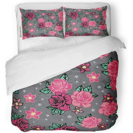 RYLABLUE 3 Piece Bedding Set Pink Rockabilly Pretty Tattoo Rock Roses ...