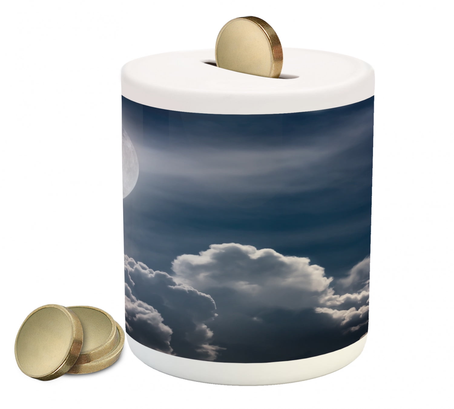 Night Sky Piggy Bank, Celestial Photo Big Full Moon and Fluffy Clouds ...