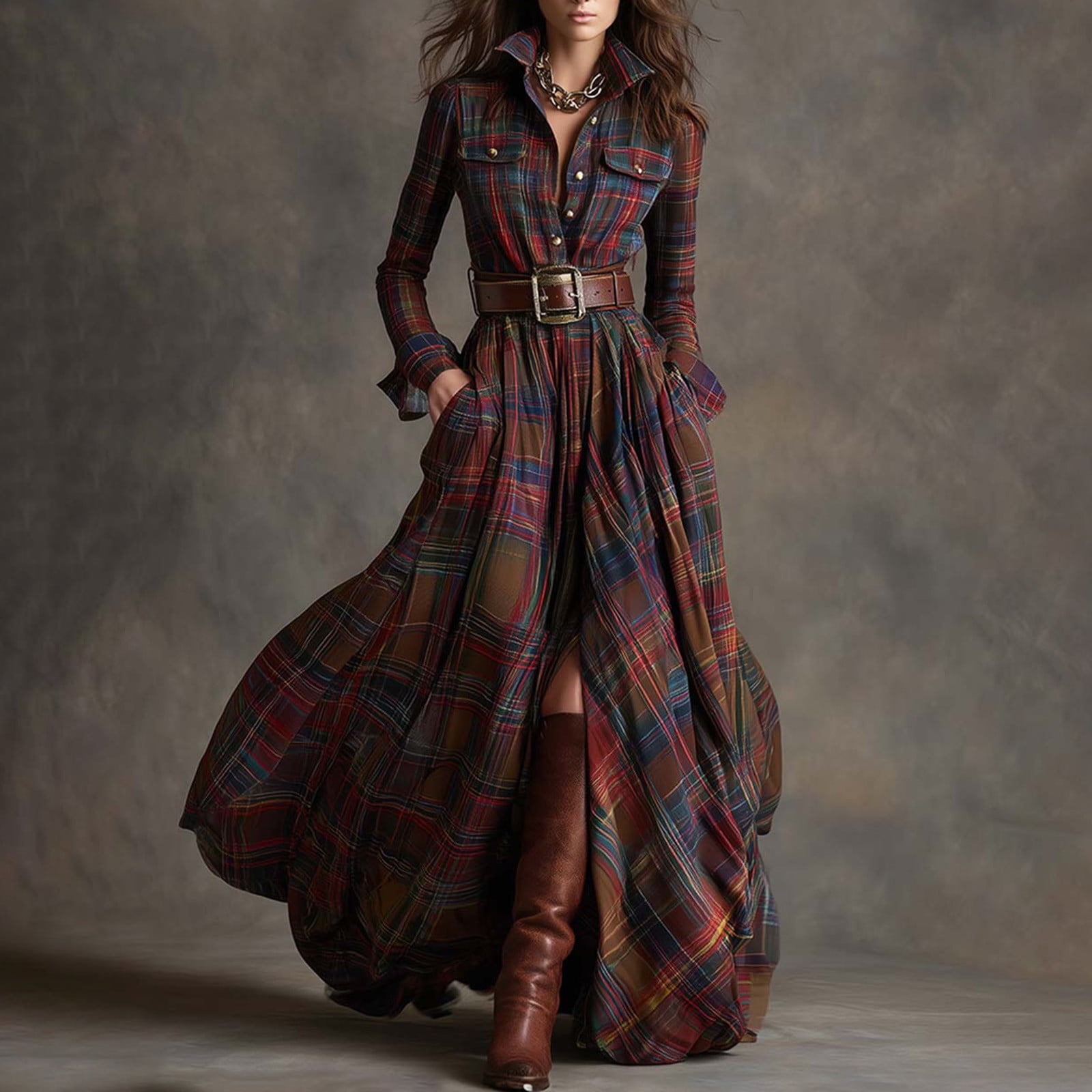 Ounisa Plaid Dresses For Women Fall Plaid Button Down Shirt Maxi Dress Long Sleeve Tartan Dress Green Retro Dresses