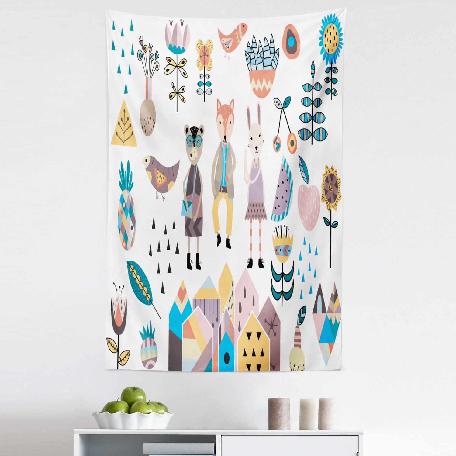 Cartoon Tapestry, Hand Drawn Fox Bunny and Bear with Human Clothing ...