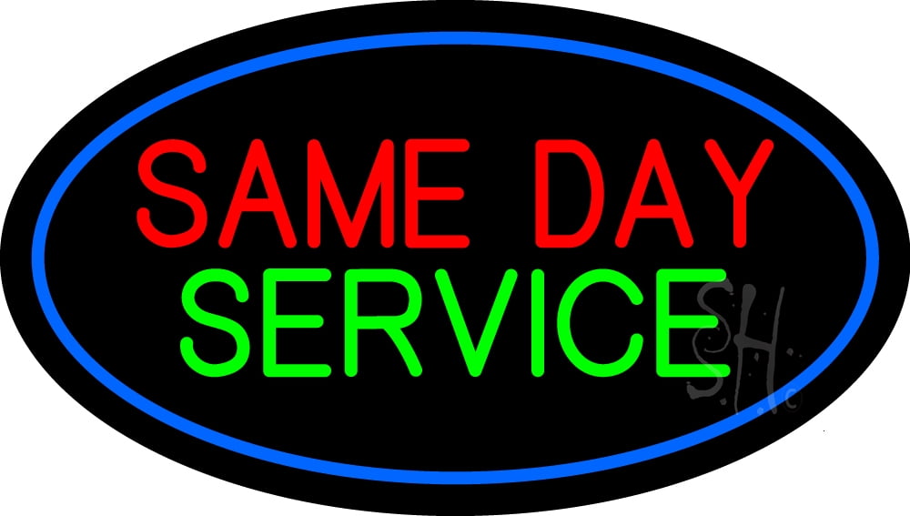 Same Day Service Oval Blue Border LED Neon Sign 20 x 37 - inches, Clear ...