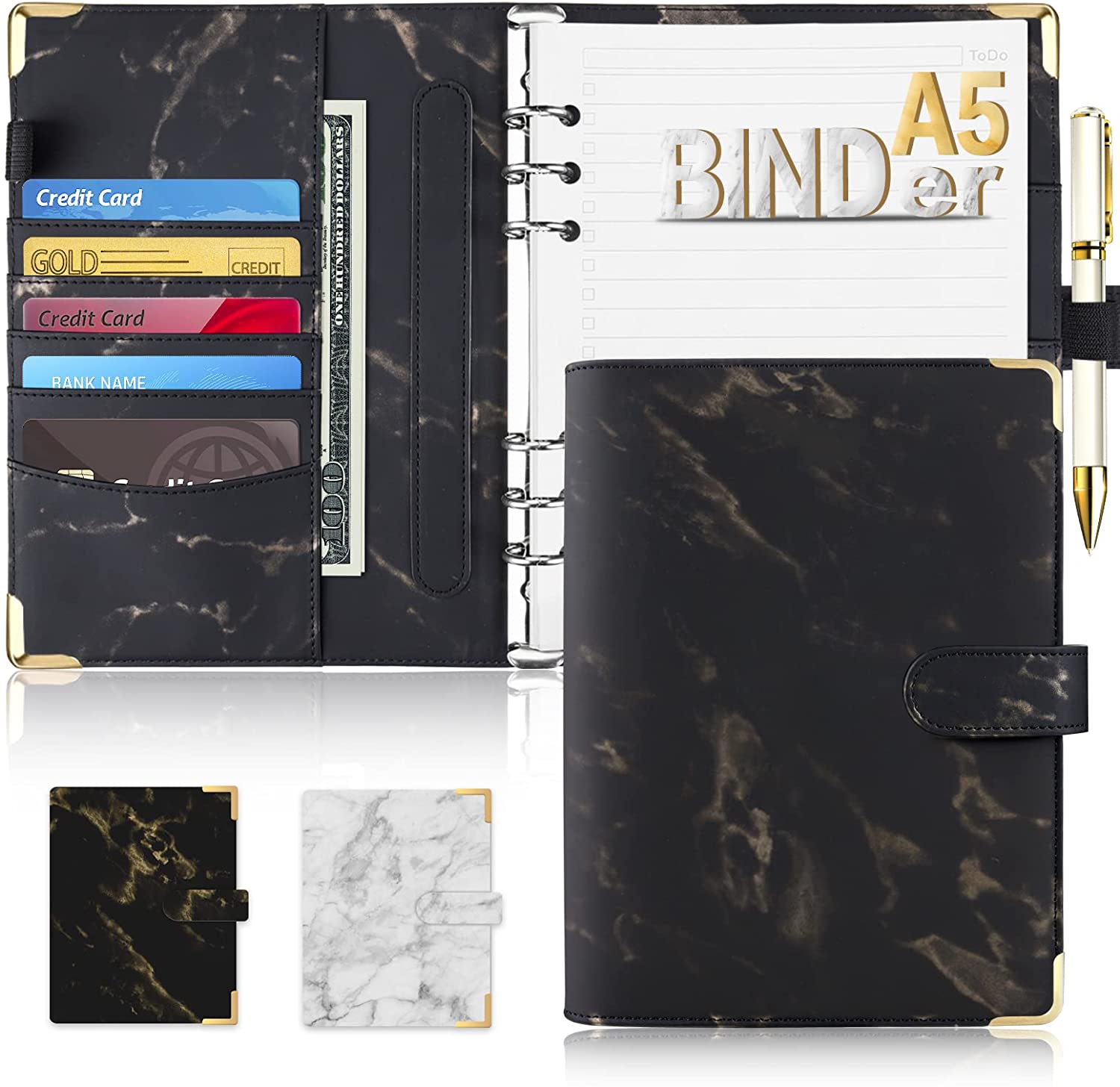 Onlyesh A5 Binder, Marble Small Binder, Refillable 6 Ring Mini Binder ...