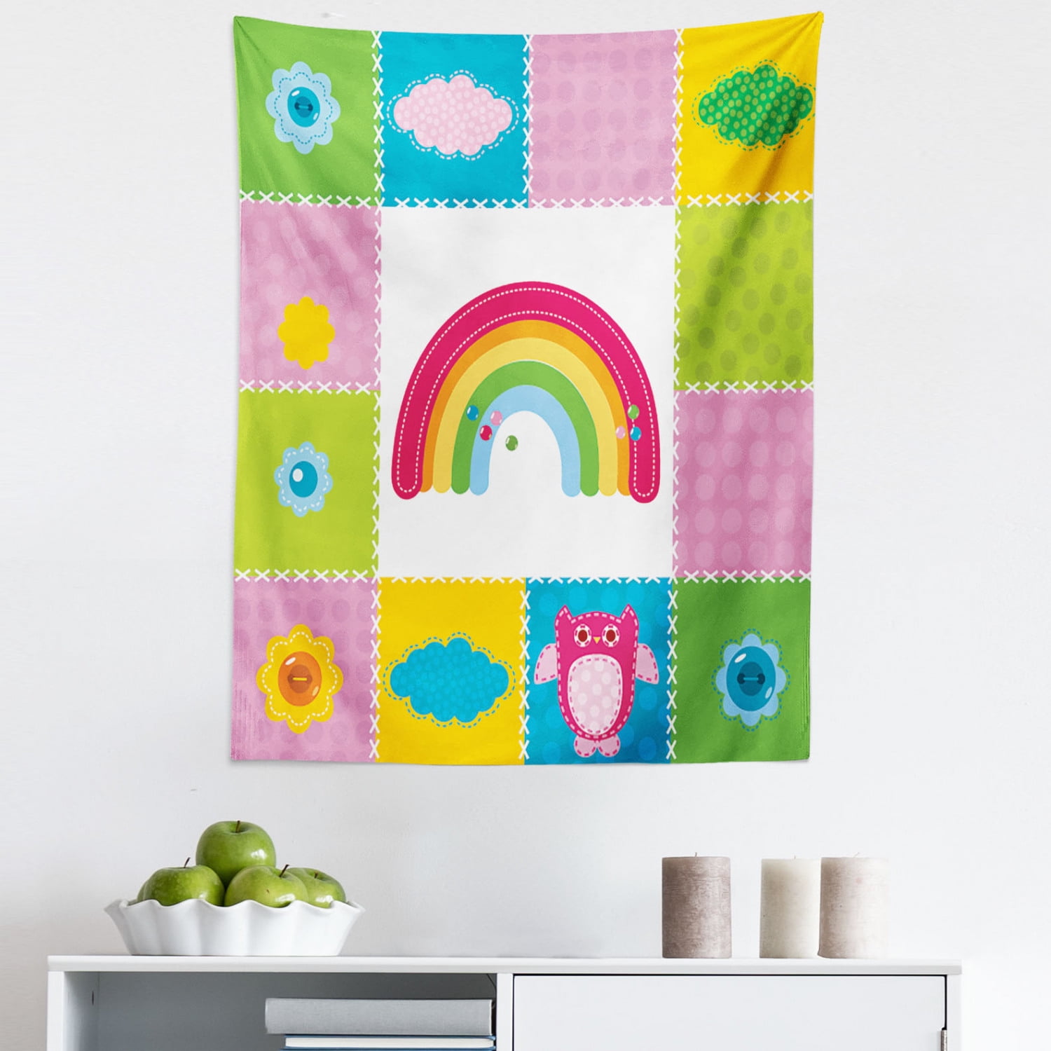Cartoon Tapestry, Squares Stitched Together Sewing Themed Art Rainbow ...