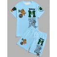 Blue Mens Graphic Print Round Neck Short Sleeve T-Shirt And Shorts Set ...