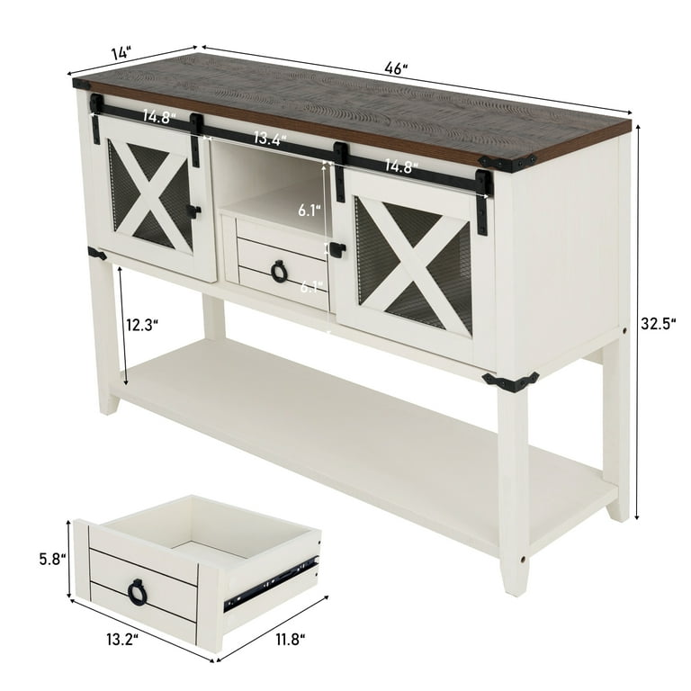 46 Large Farmhouse Entryway Table with Sliding Barn Doors Console Table Sofa Side Table with Storage Drawer for Hallway Living Room Antique White