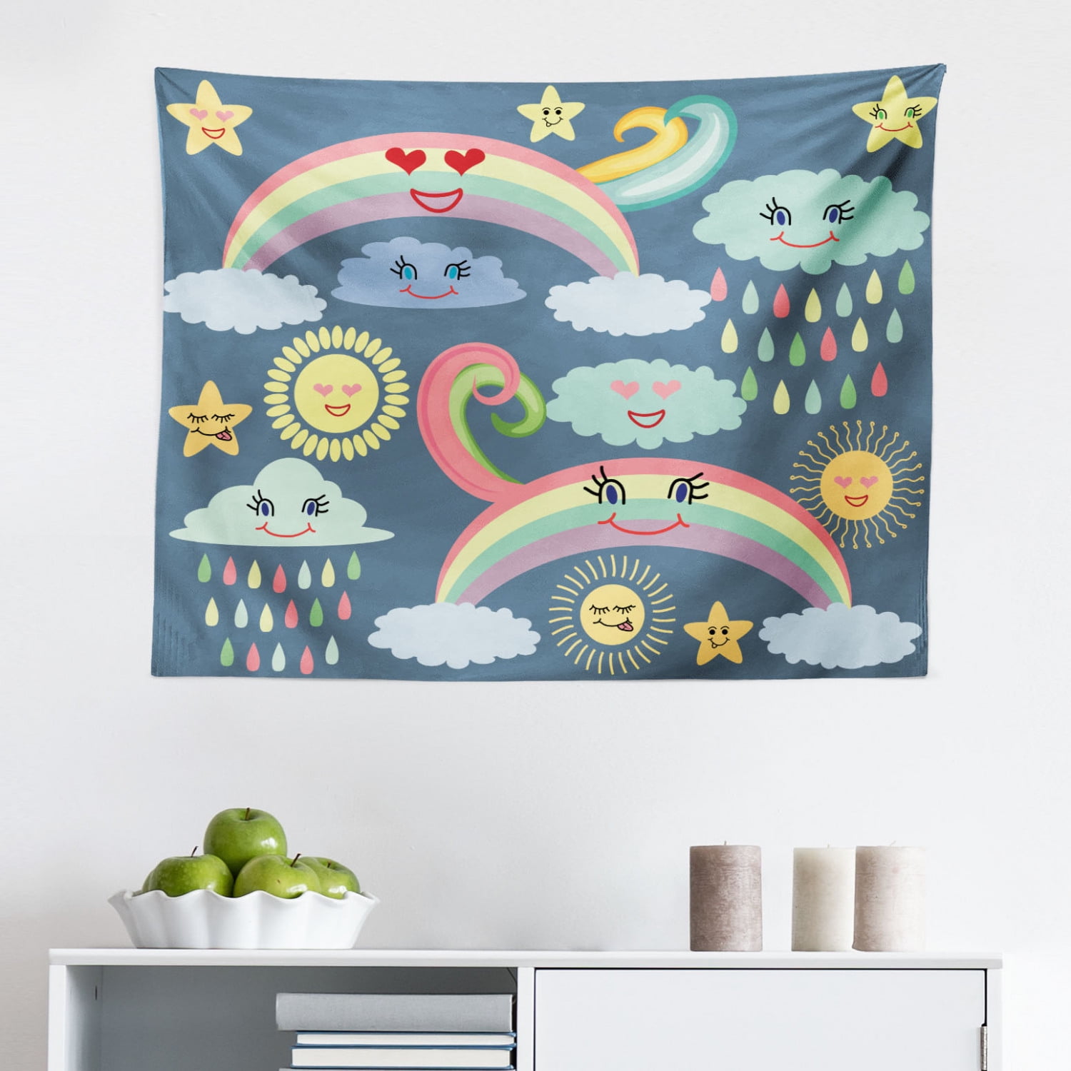 Rain Tapestry, Rainy Day Themed Clouds and Sun Pattern in Repeating ...