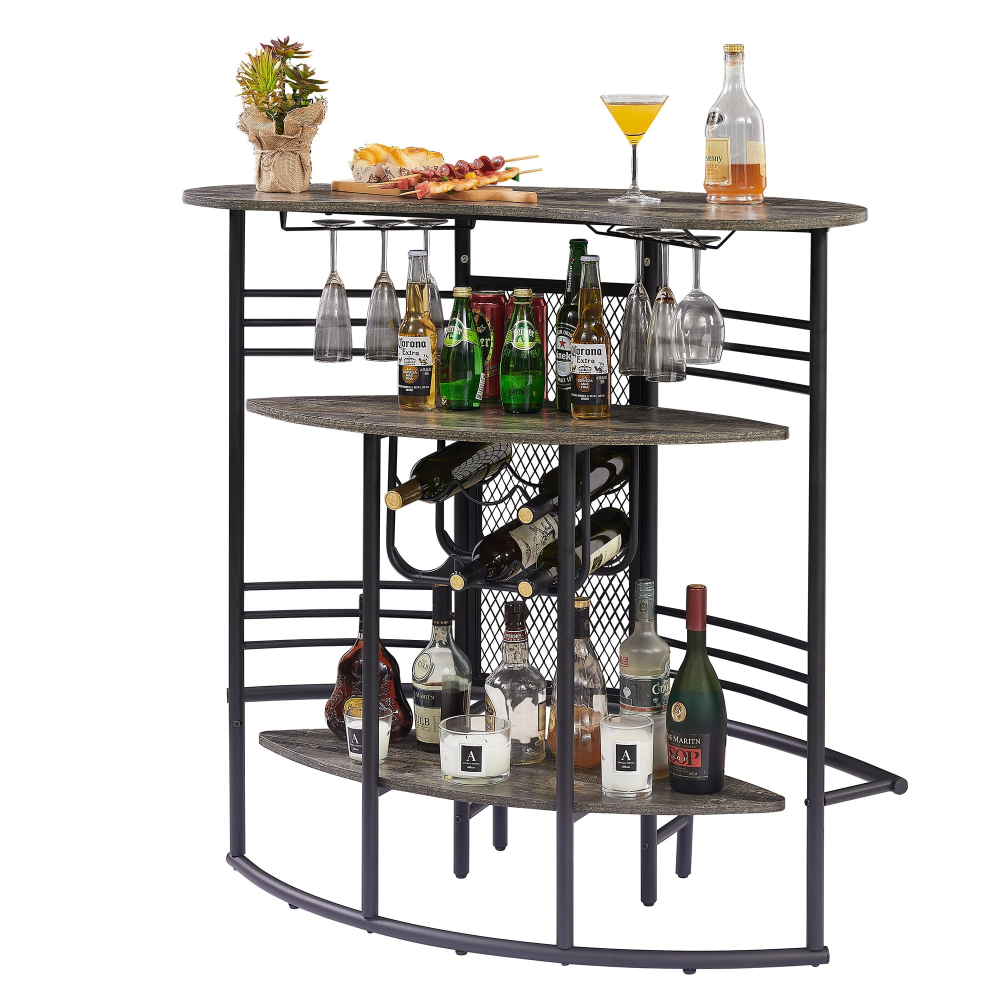 VECELO Oval Bar Table with Wood Counter Top and Wine Rack Storage, Wine ...