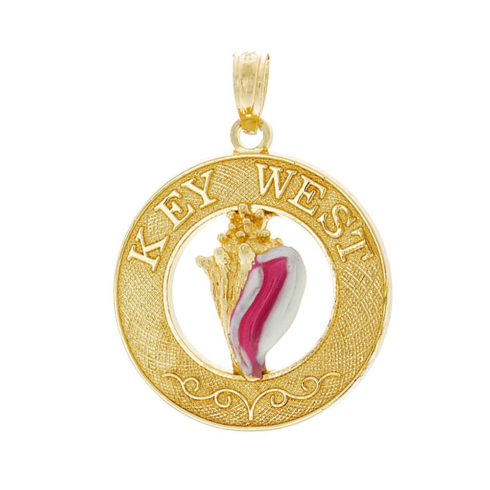 14K Yellow Gold Travel Charm Pendant, Key West On Round Frame With ...