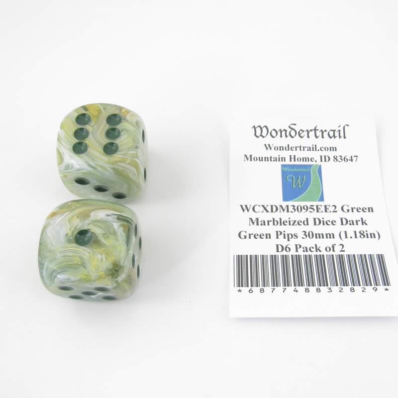Green Marbleized Dice with Dark Green Pips 30mm (1.18in) D6 Pack of 2 ...