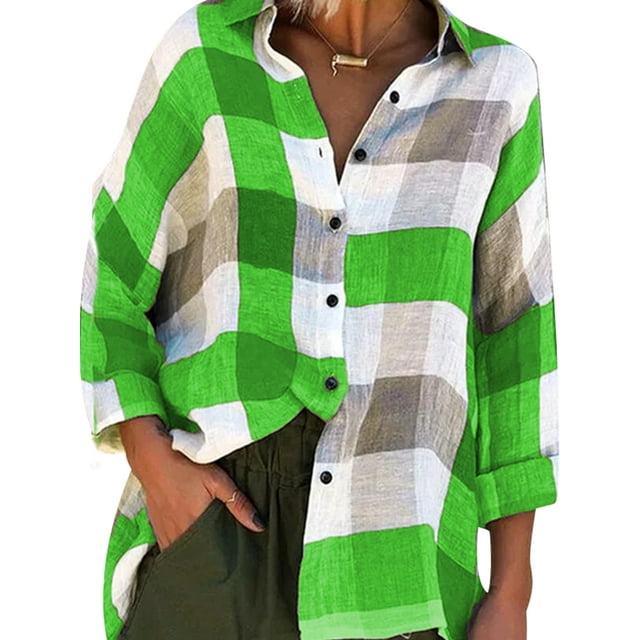 Frontwalk Ladies Casual Roll Long Sleeve Shirts Check Baggy Tops Plaid ...