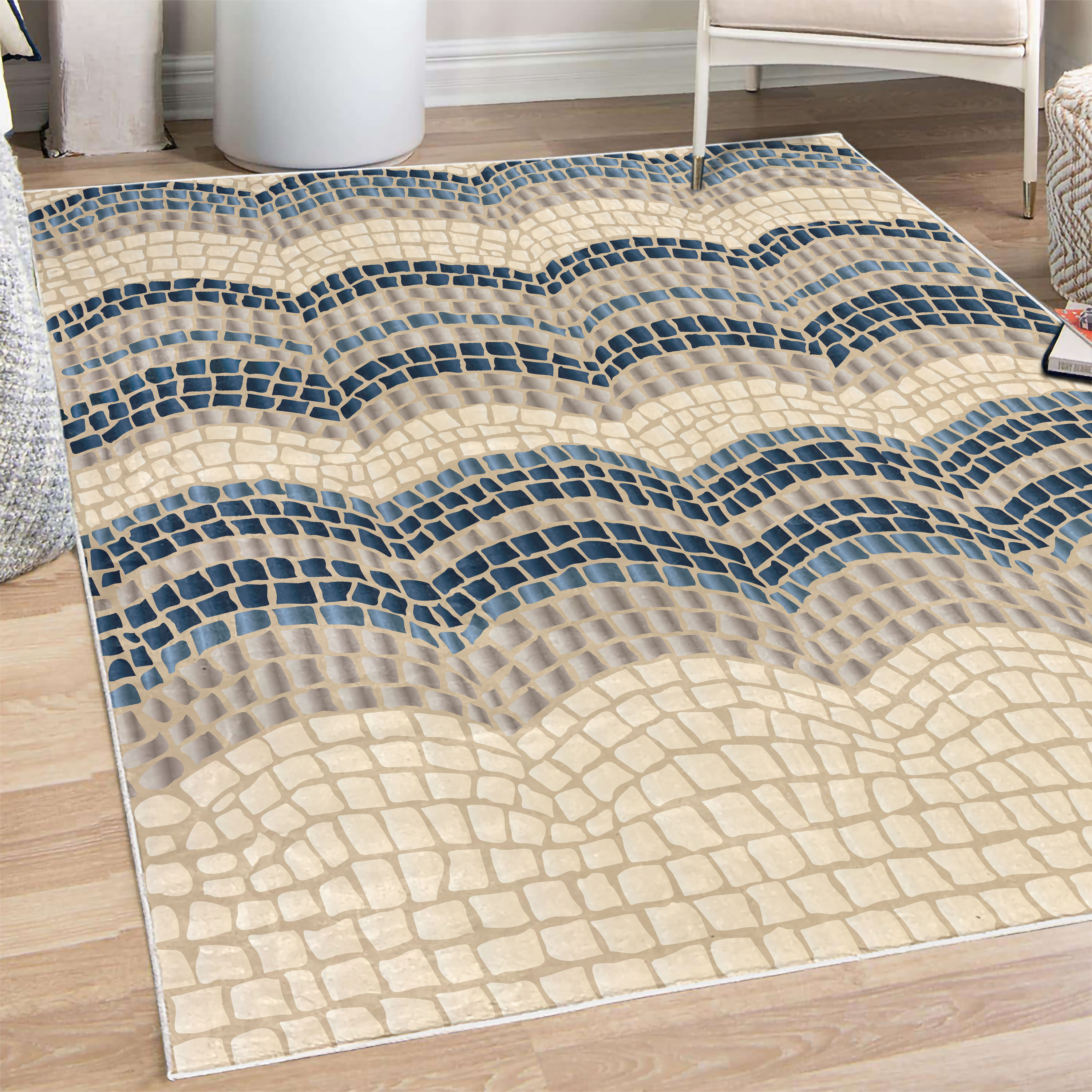 Tiles Decorative Rug, Gradient Colored Mosaic Waves Setting Antique ...