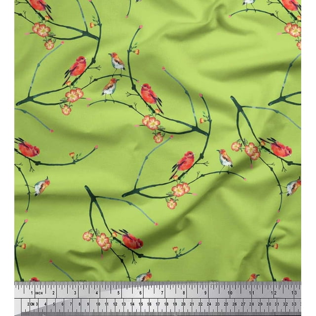 Soimoi Green Cotton Poplin Fabric Branch,Floral & American Robin Bird ...