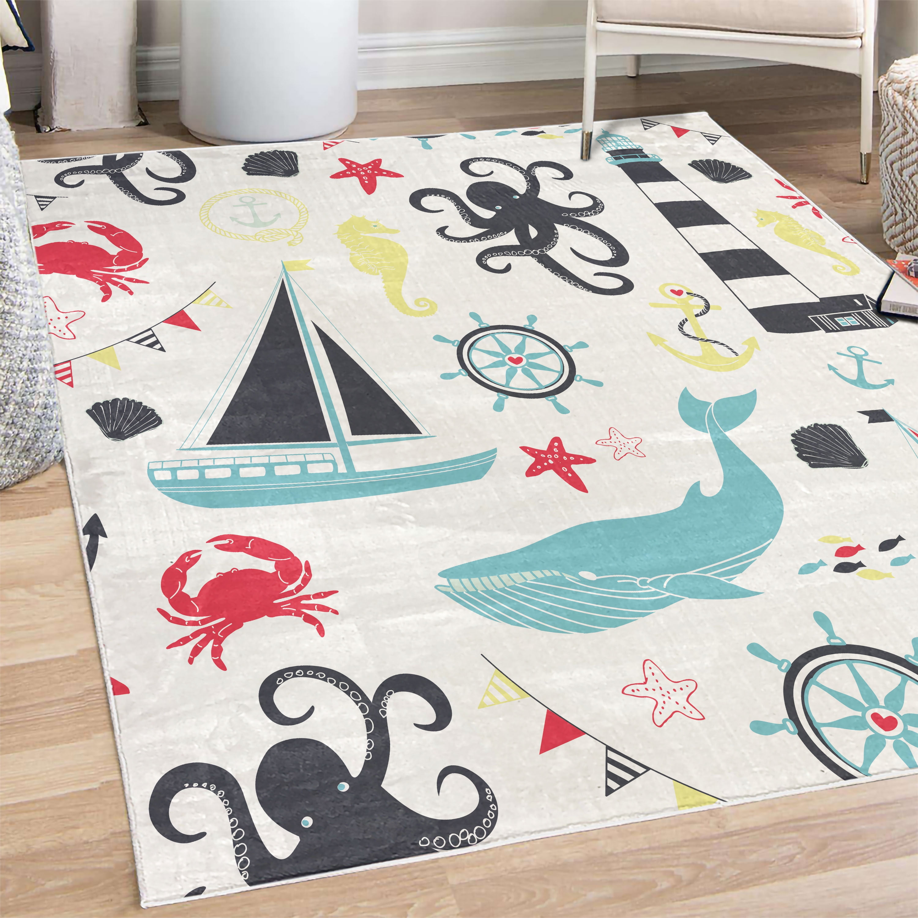 Nautical Decorative Rug, Pastel Colored Composition of Lighthouse ...