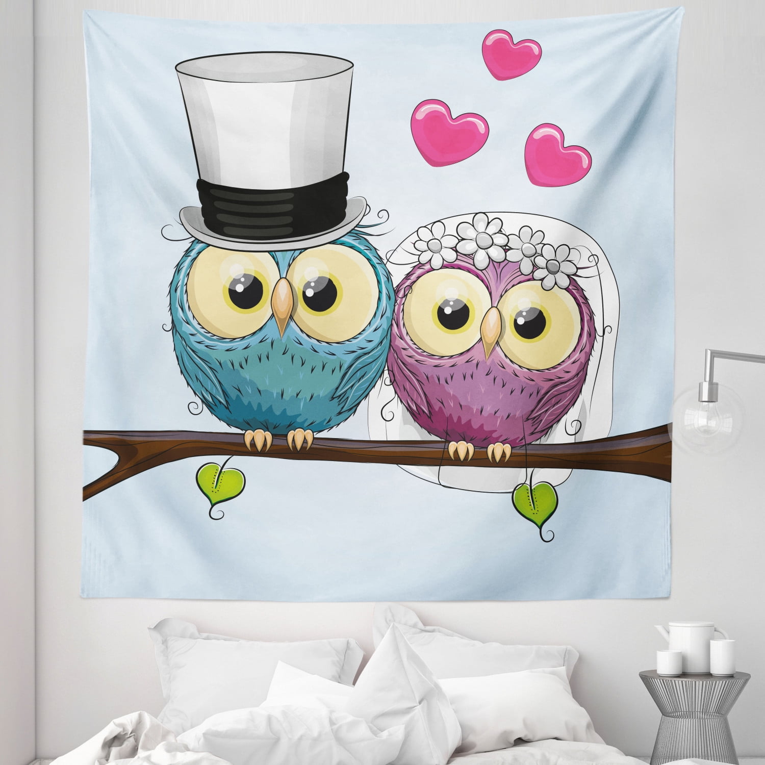 Owl Tapestry, Celebration 2 Cartoon Style Funny Owls Husband Wife Bride ...
