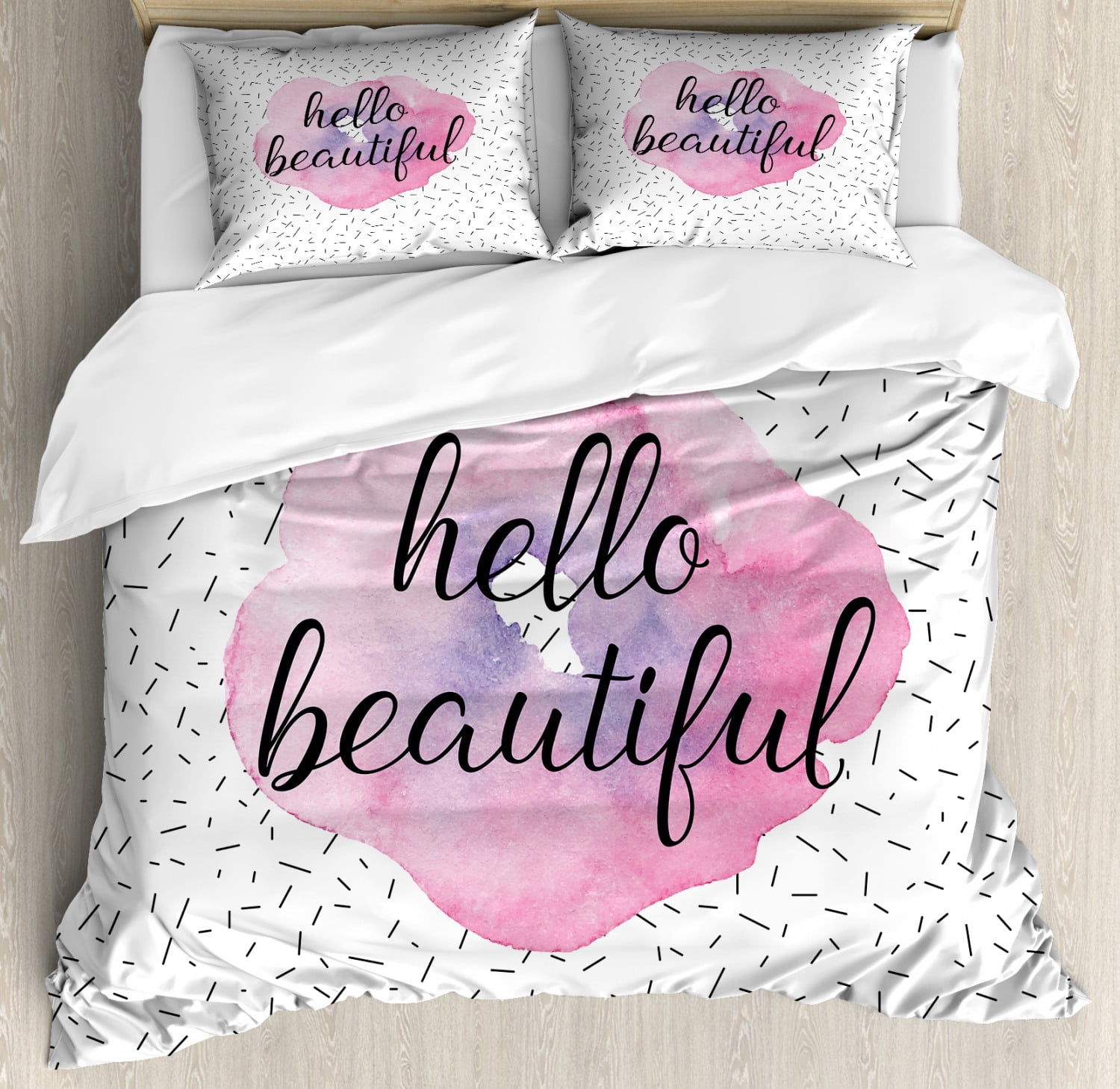 Hello Queen Size Duvet Cover Set, Inspiring Quote Watercolor Flower ...