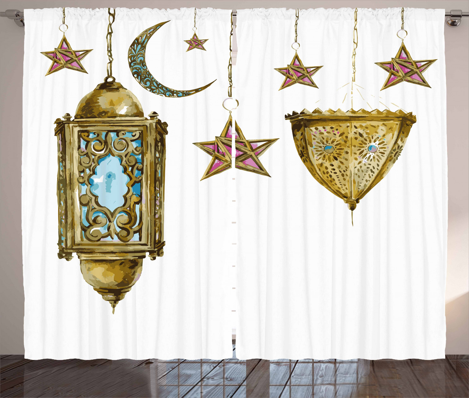 Lantern Curtains 2 Panels Set, Traditional Hand Drawn Watercolor ...