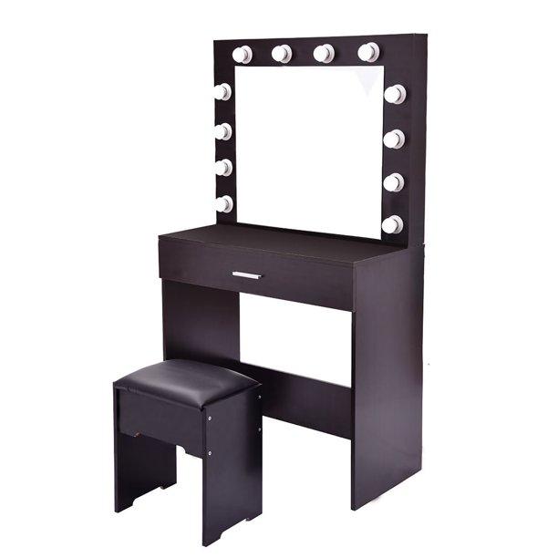 Sehao Makeup Table Vanity Set With Lighted Mirror Cushioned Stool Dressing Table Makeup Table
