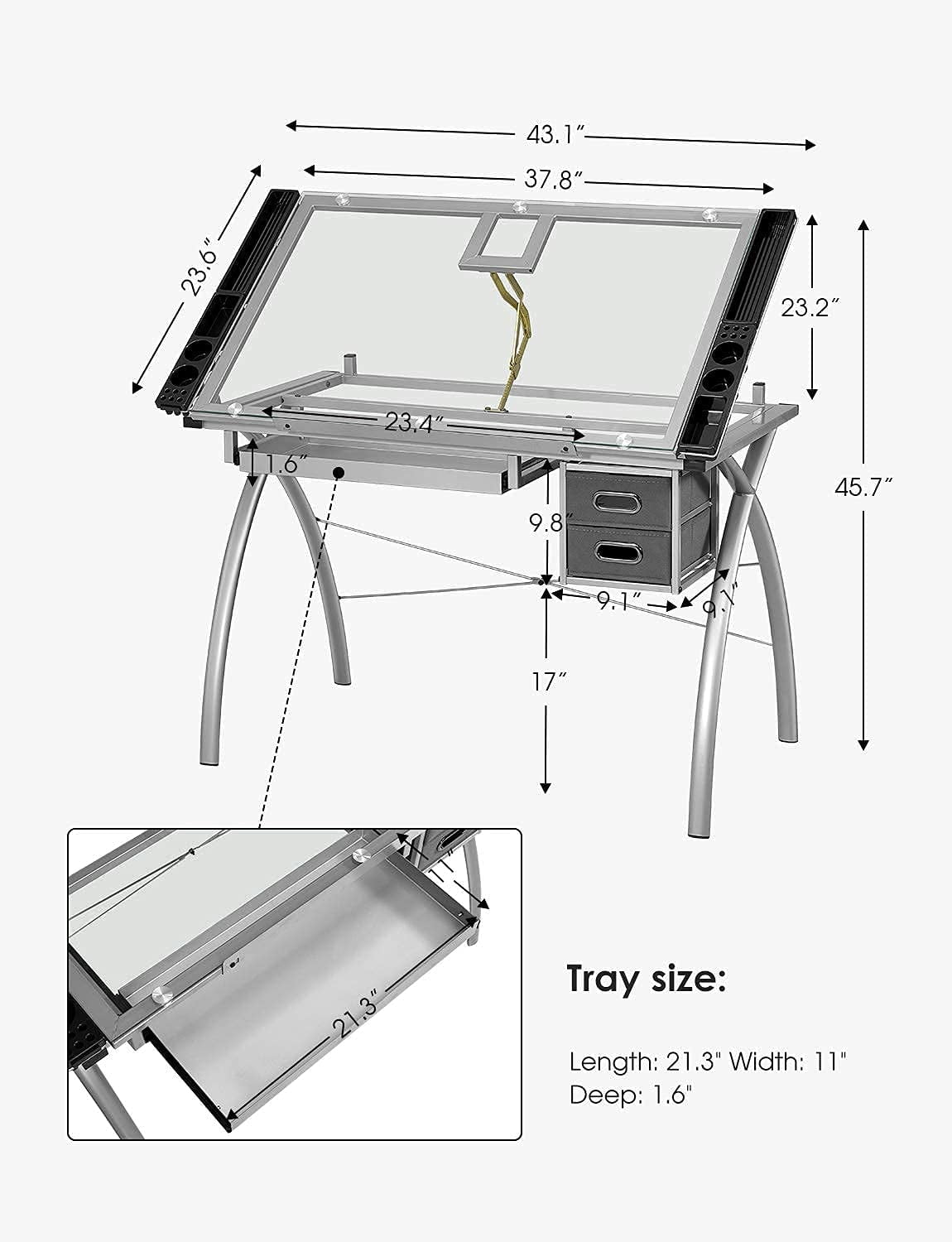 Buy CINAK Adjustable Drafting Table, X-Cross Glass Top Drawing Table ...