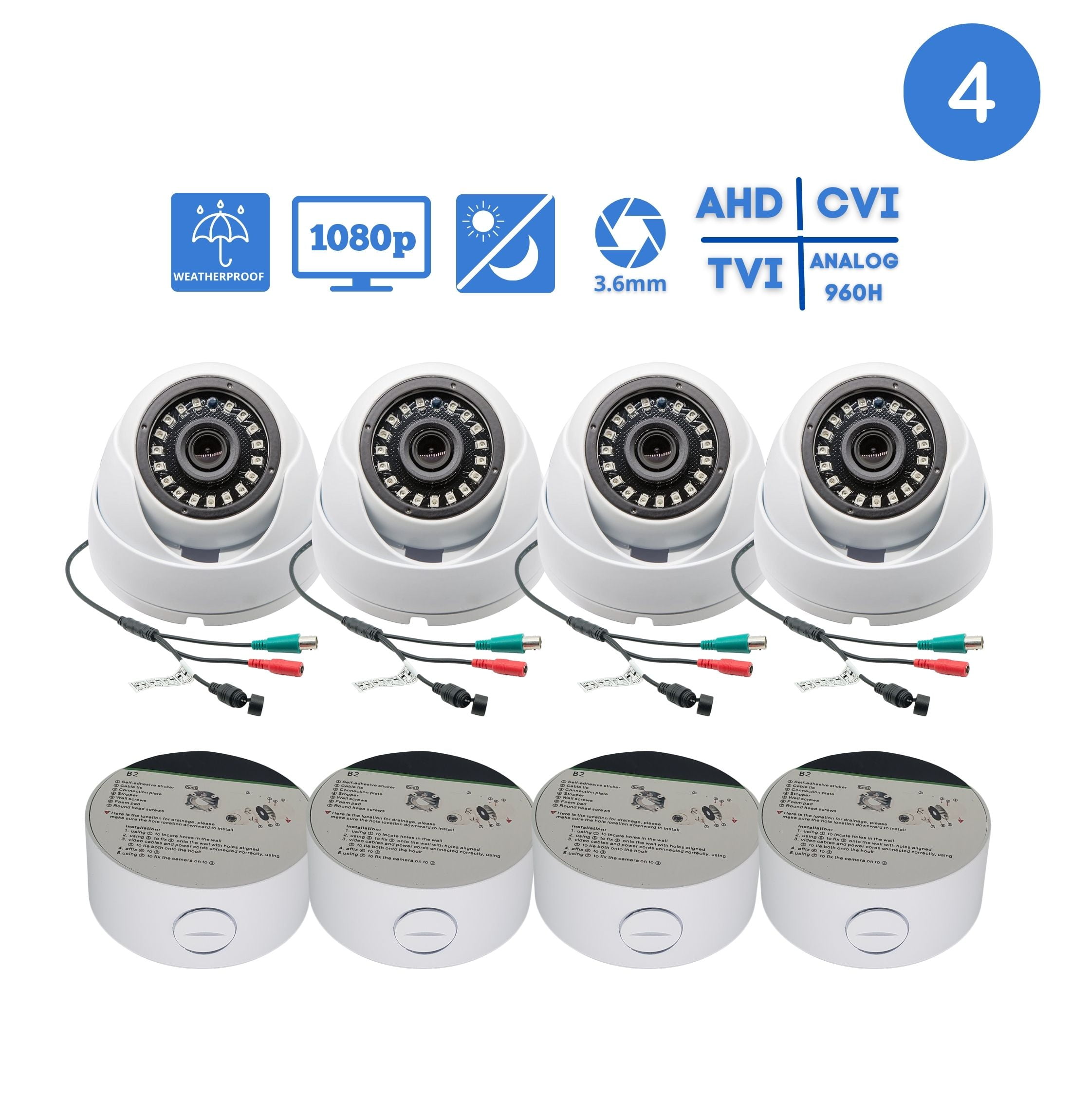 Evertech HD 1080P Indoor Outdoor 4 Dome Security Surveillance Cameras ...