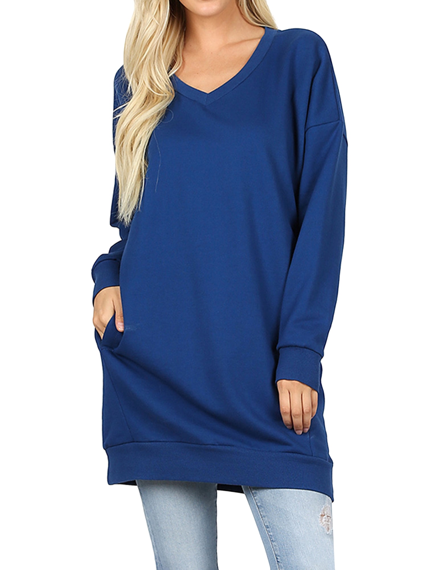 Women Oversized Loose Fit V Neck Tunic Length Sweatshirts Top V Neck