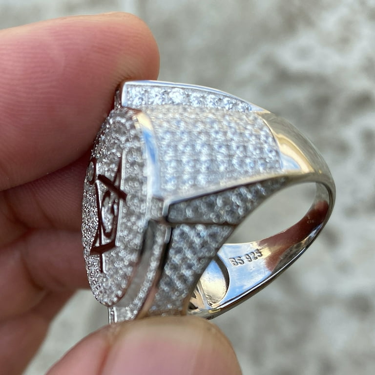 Men s Heavy Ring Real Solid 925 Sterling Silver Iced Masonic Symbol Master Mason Size 8