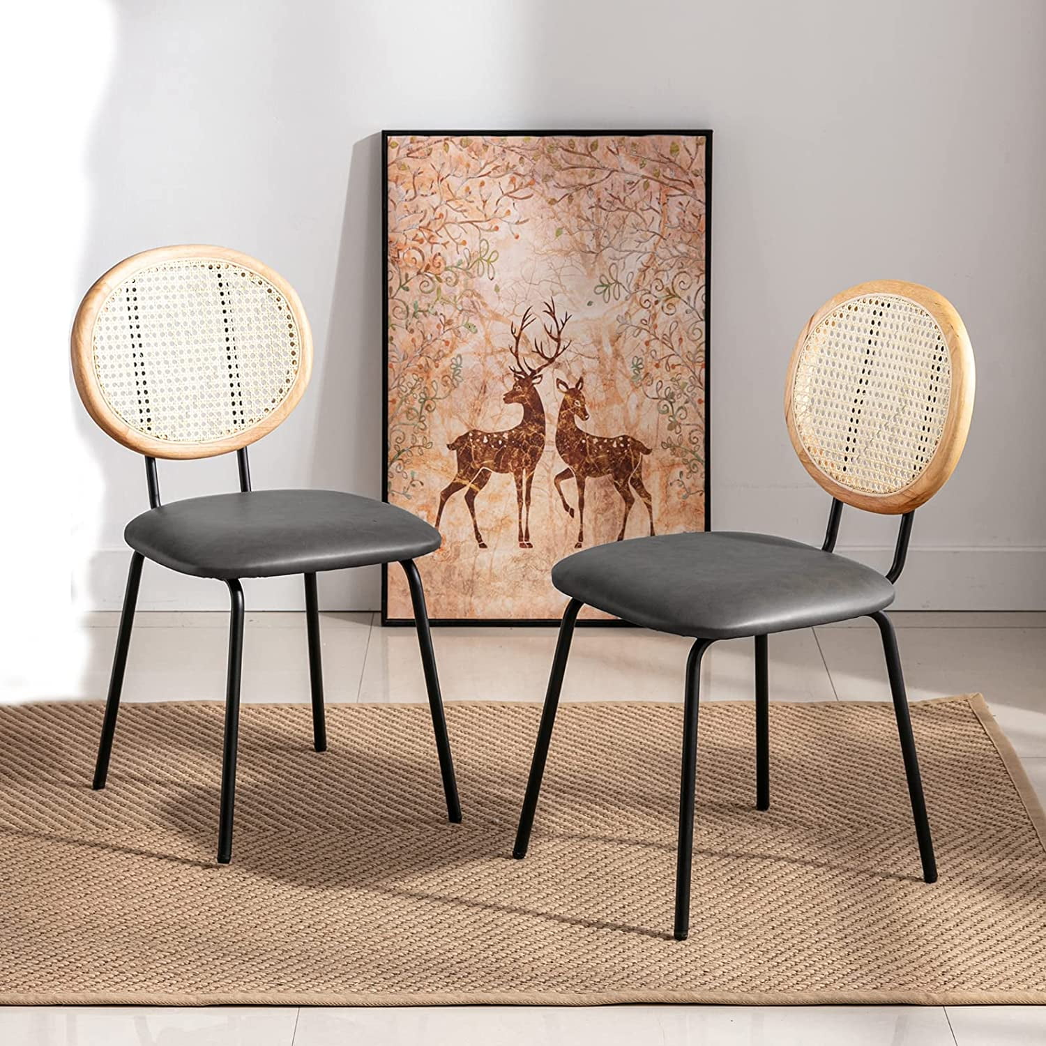 Jaxsen Faux Leather Indoor Kitchen Dining Chairs Set of 2 with Rattan ...