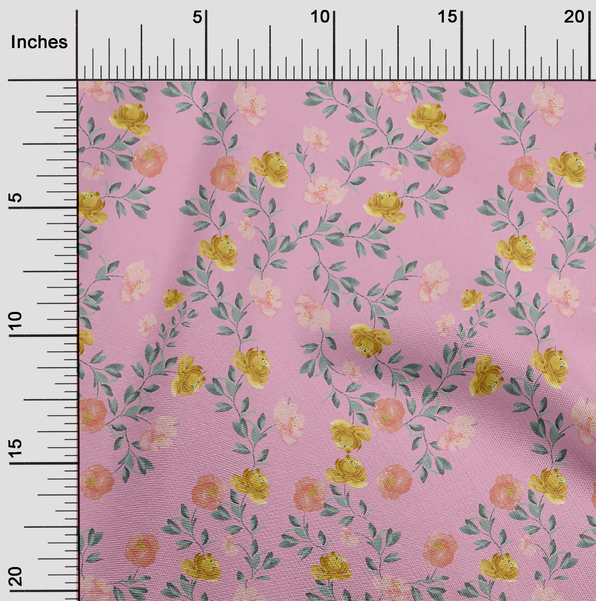 oneOone Viscose Chiffon Light Pink Fabric Flower & Leaves Watercolor ...