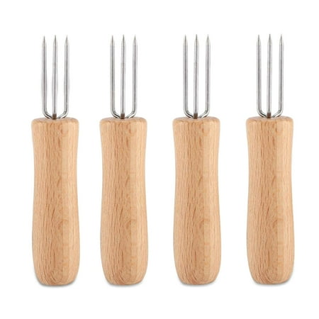 homeholiday 4 Pieces Stainless Steel Corn Holders Wooden Handle Hand ...