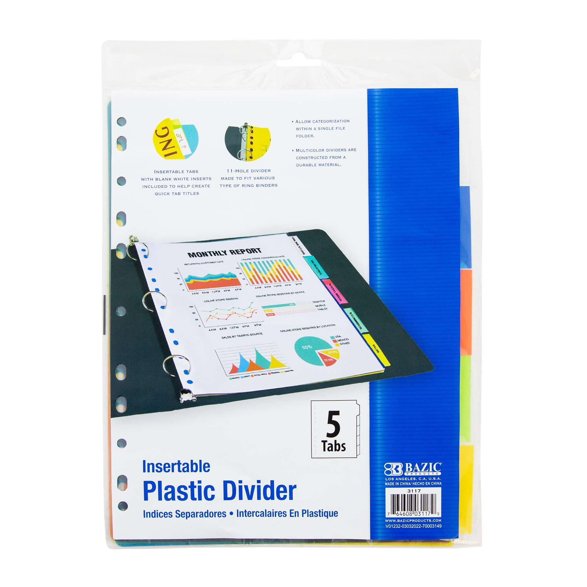 BAZIC Binder Dividers 5 Insertable Color Index Tabs, 11 Hole (5/Pack ...