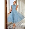 Blue Vintage Lace A-Line Midi Dress With High Neck And Cap Sleeves For ...