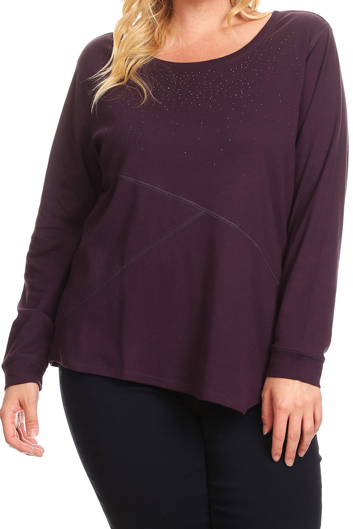 BNY Corner - Women Plus Size Long Sleeve Rhinestones T Shirt Blouse Top ...