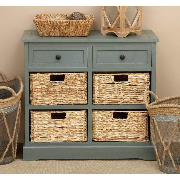 DecMode 30" x 28" Teal Wood 4 Baskets and 2 Drawers Storage Unit, 1 ...