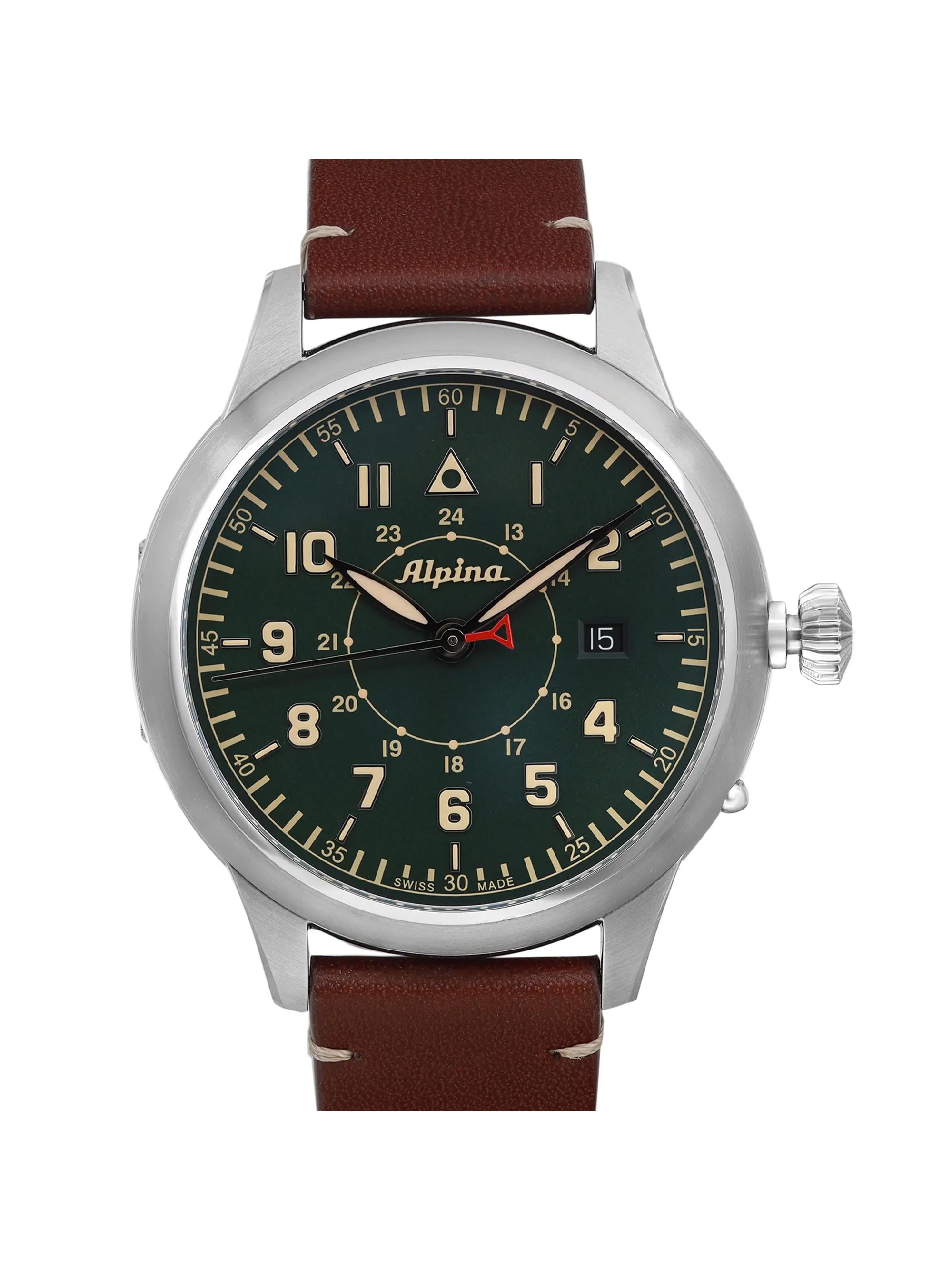 Alpina Pilot Heritage Startimer 44mm Steel Green Dial Mens Watch AL ...