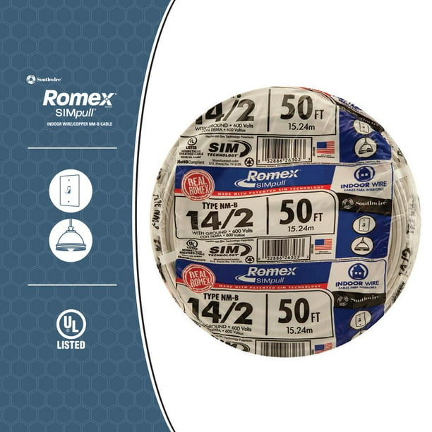 Southwire 28827422 50' 14/2 with ground Romex brand SIMpull residential ...