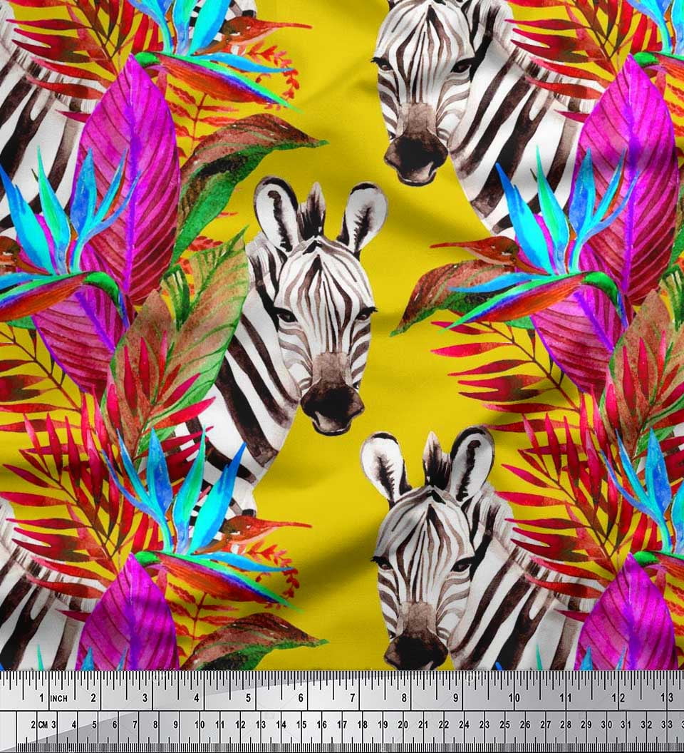 Soimoi Yellow Velvet Fabric Tropical Leaves & Wild Animal Print Fabric ...